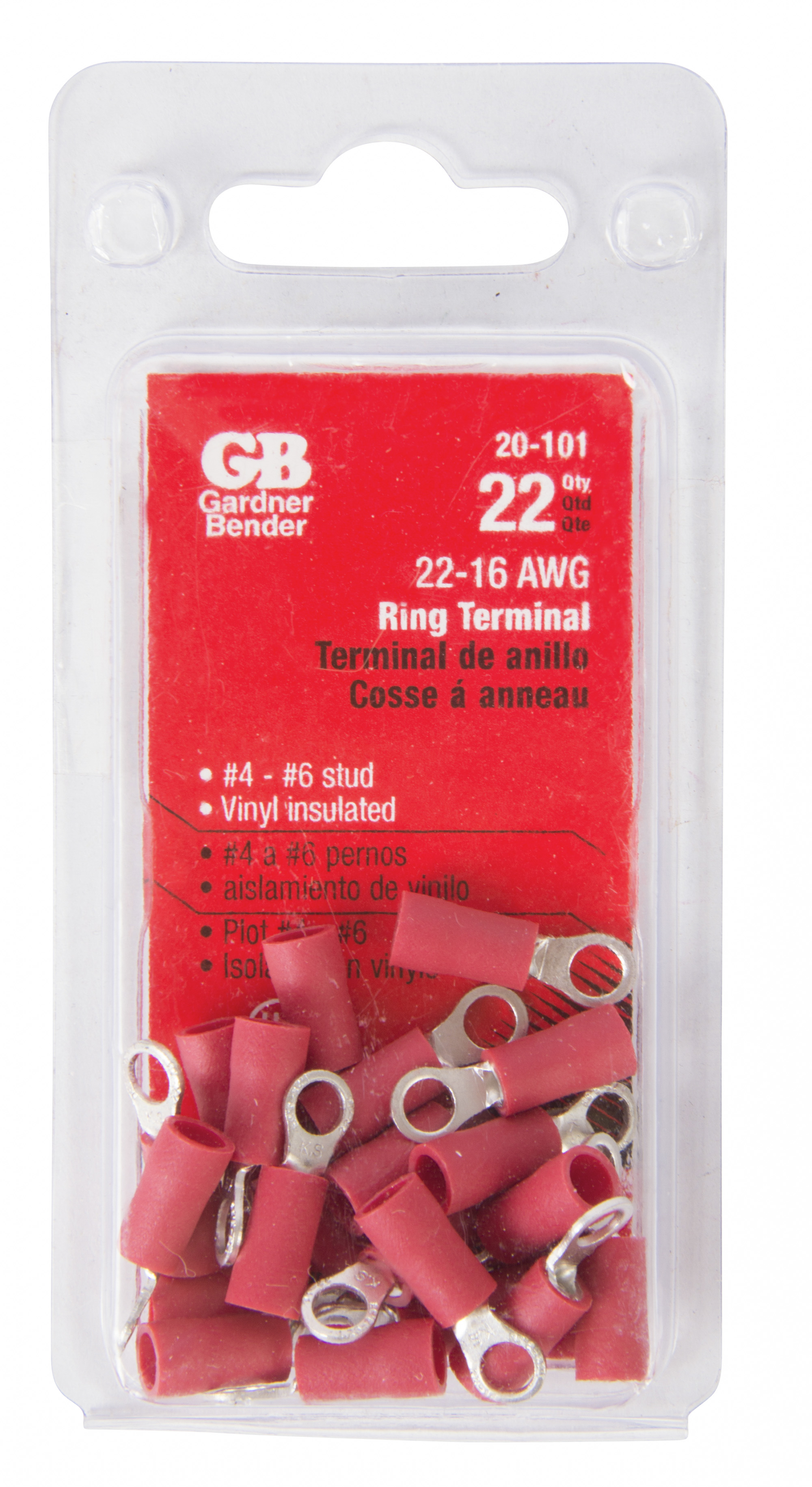 #22-#18 AWG (0.8 mm²) Vinyl-Insulated Ring Terminals (4 to 6 Stud)