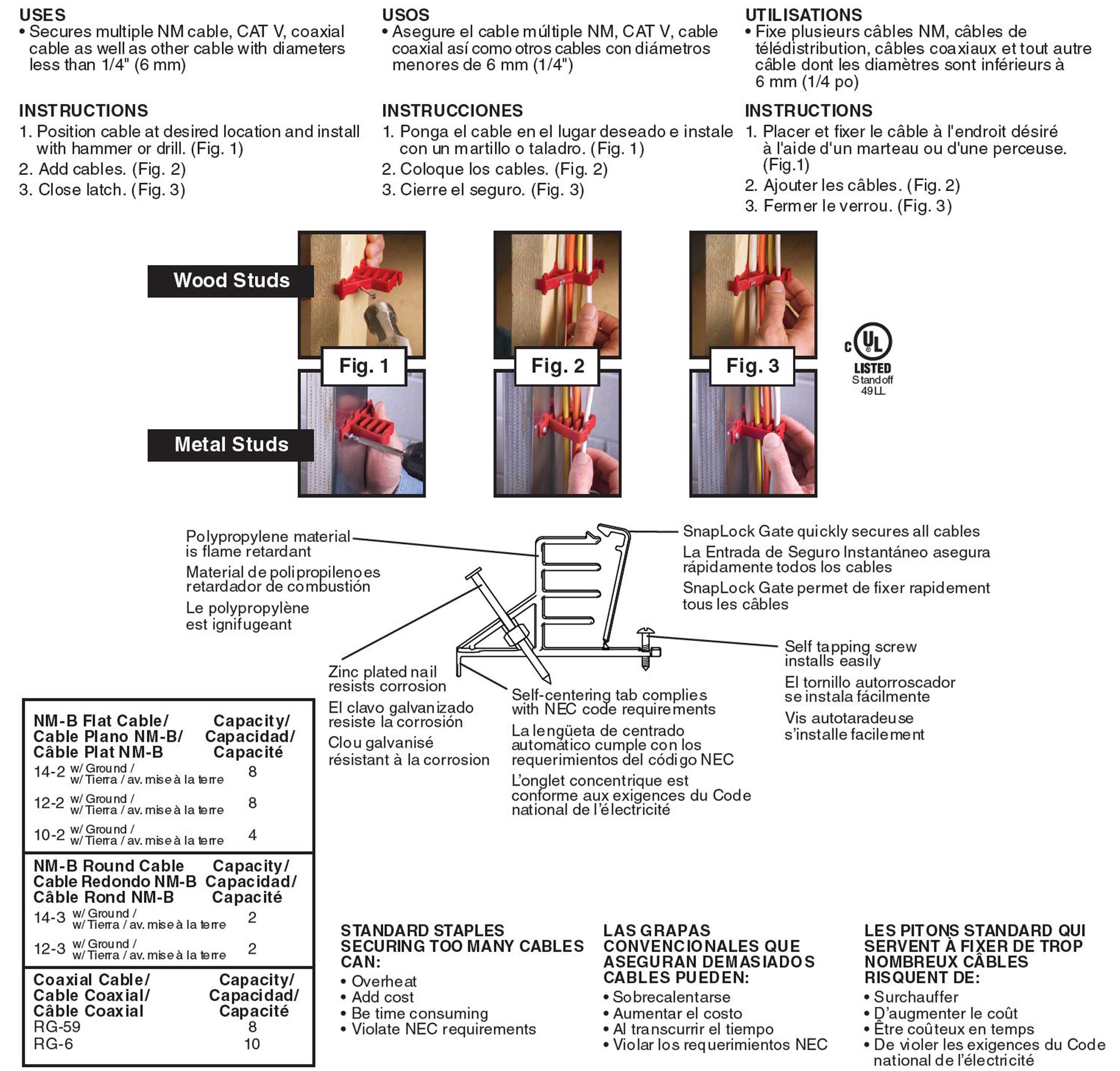 SnapSHOT Multi-Cable Staple, Red, NM (flat and round), Coaxial and Data ...